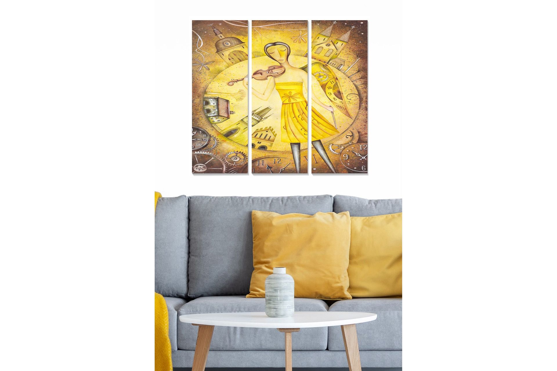 Canvastavla i trä 3-delar 50x70 cm - Kvinna i gul klänning som spelar ...