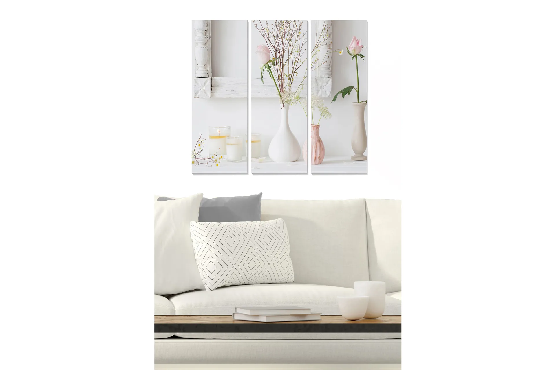 Canvastavla i trä 3-delar 50x70 cm - Lugn stillhet med blommor och ljus ...