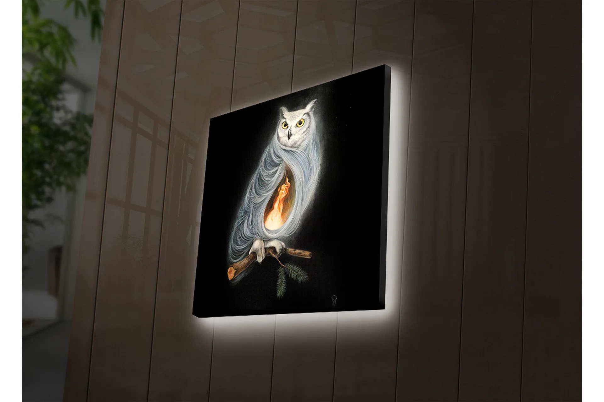 Canvastavla med LED-belysning 28x28 cm - Uggla med en eld inuti kroppen ...