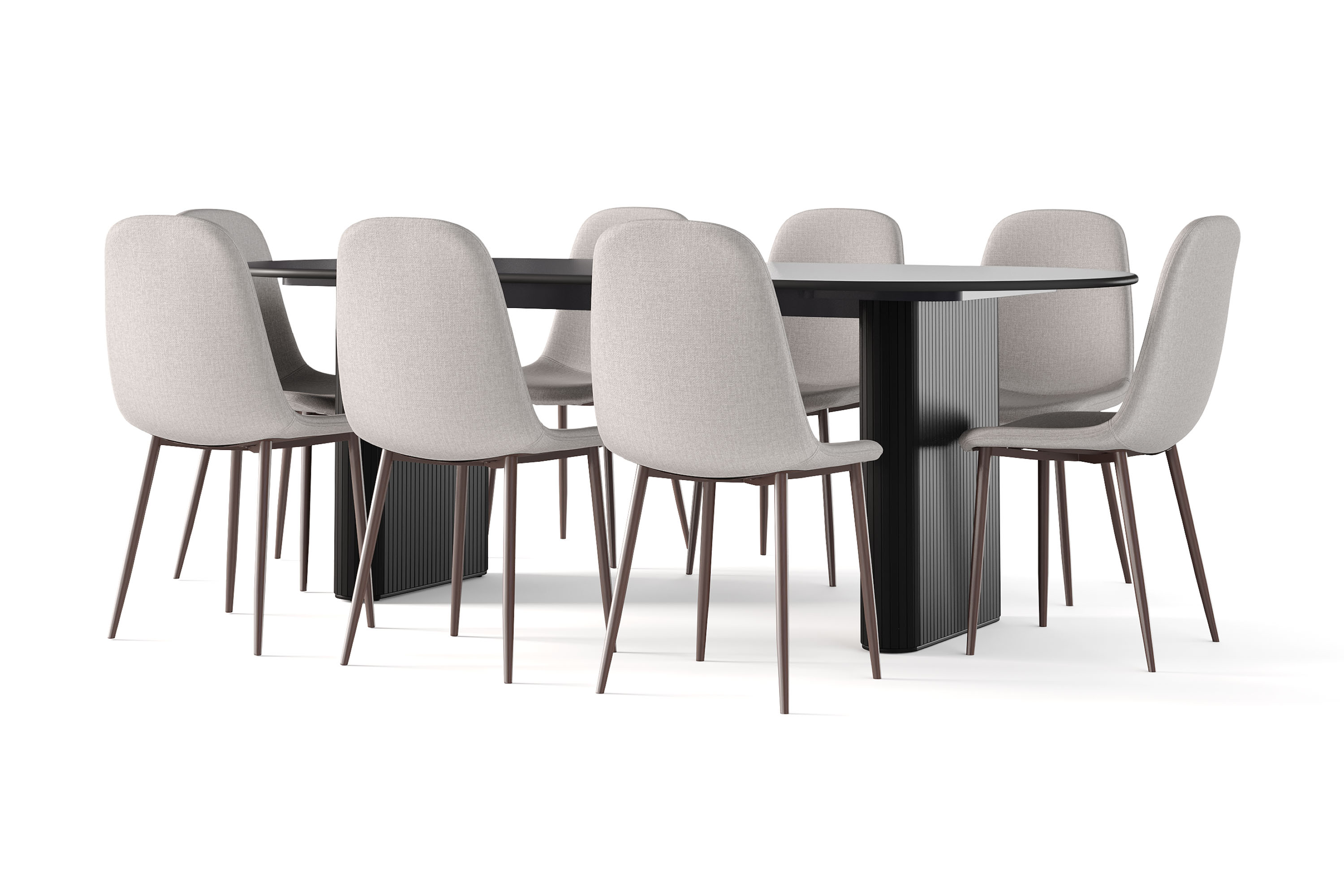 Noira Ovalt Matbord 220 cm Svart + 8 st Nibe stol grå med valnöt ben ...